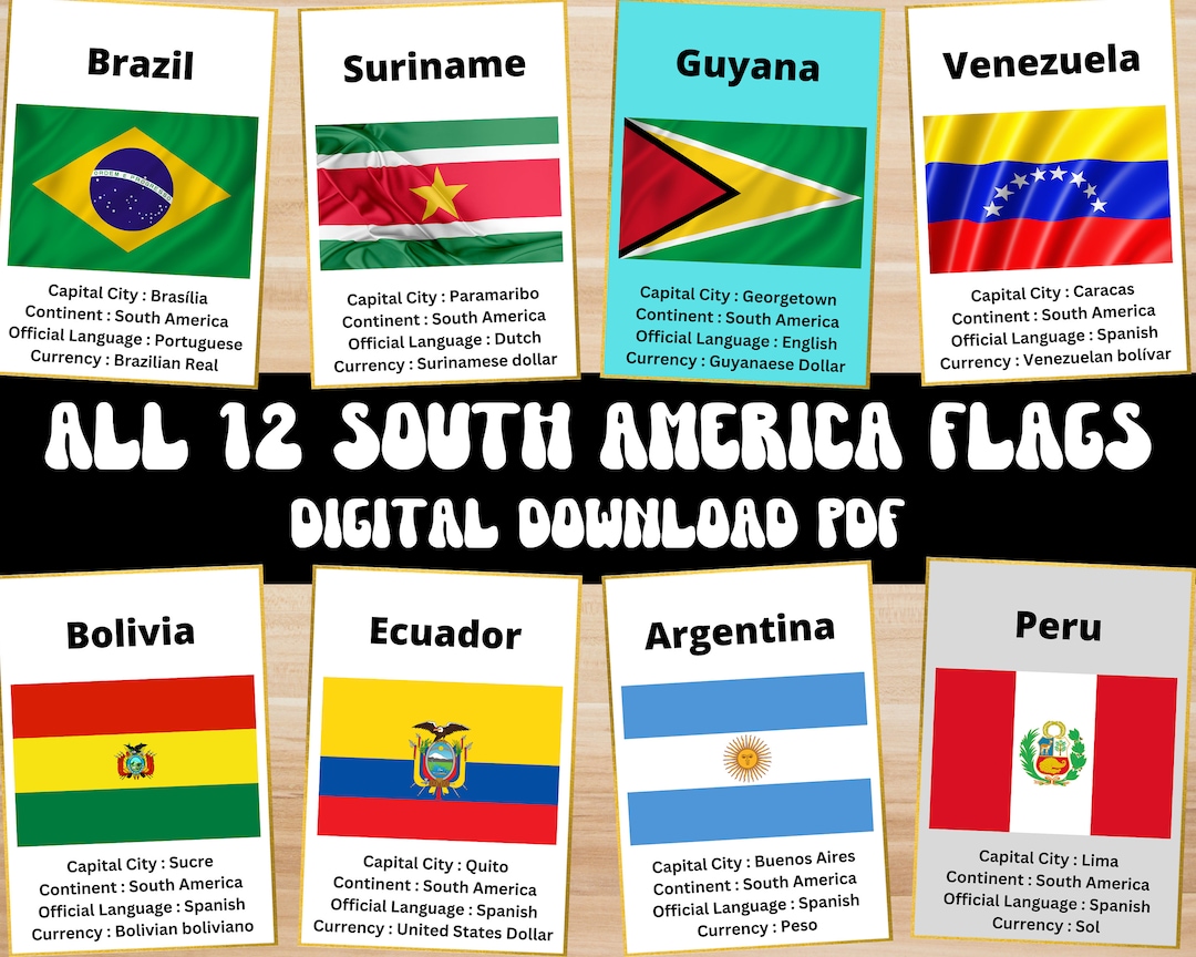 All 12 South America Country Flags Flash Cards | Instant Download ...