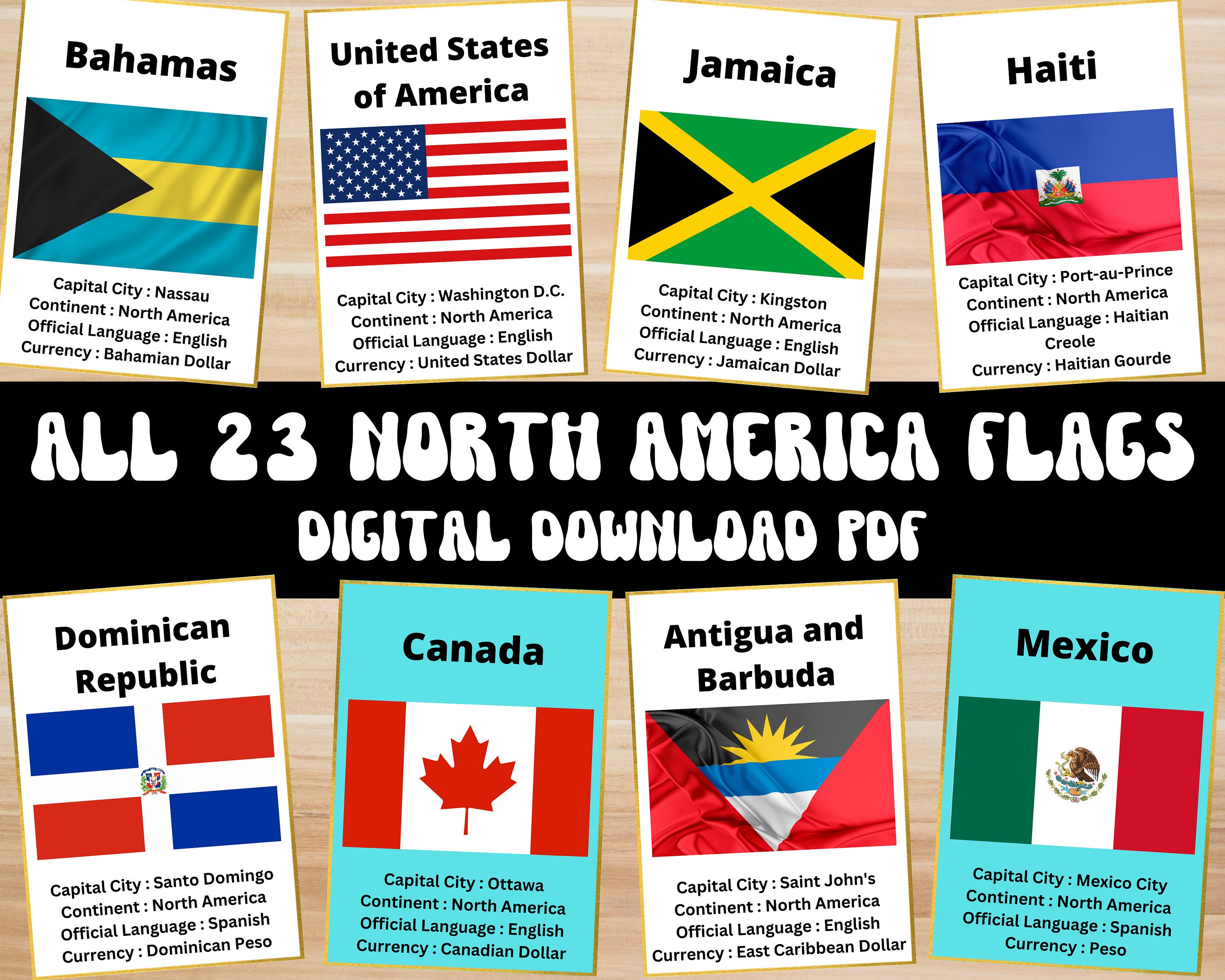 All 23 North America Country Flags Flash Cards | Instant Download ...