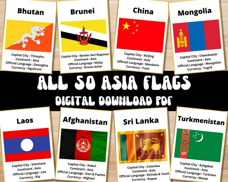 All 50 Asia Country Flags Flash Cards Instant Download - Etsy UK