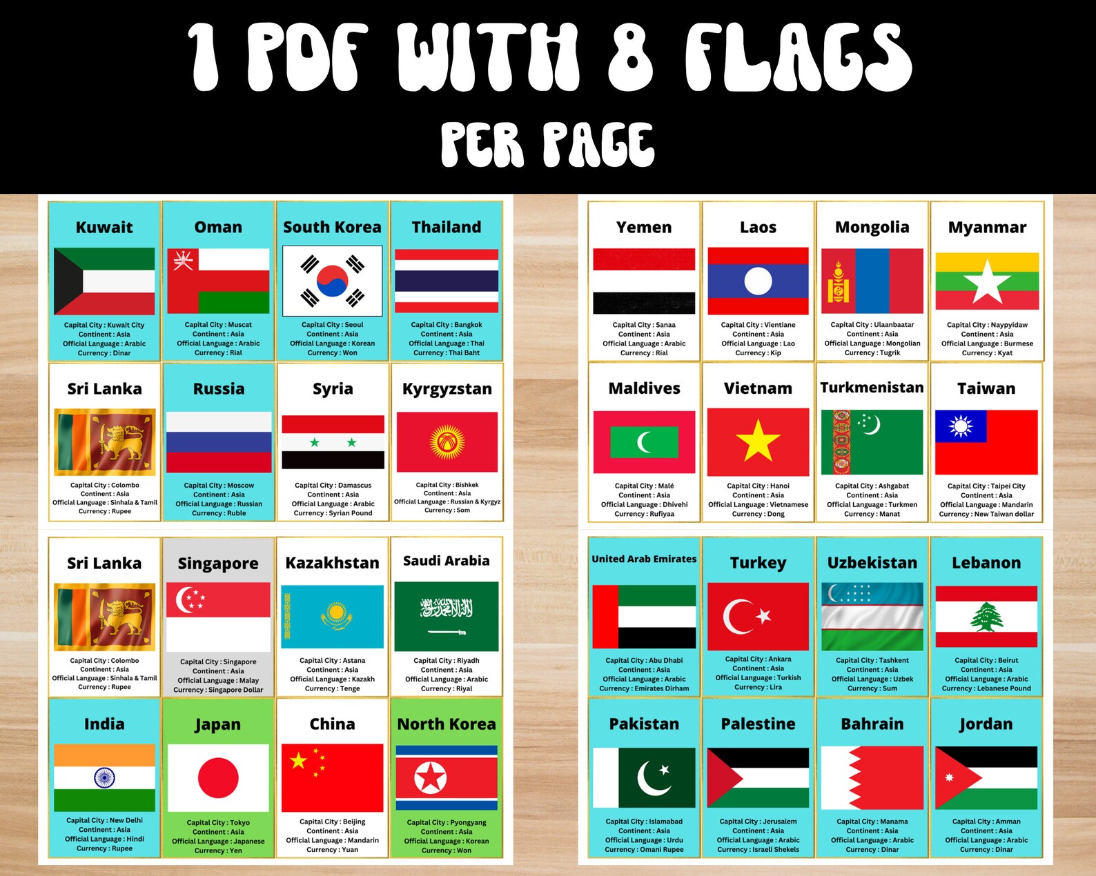 All 50 Asia Country Flags Flash Cards Instant Download - Etsy