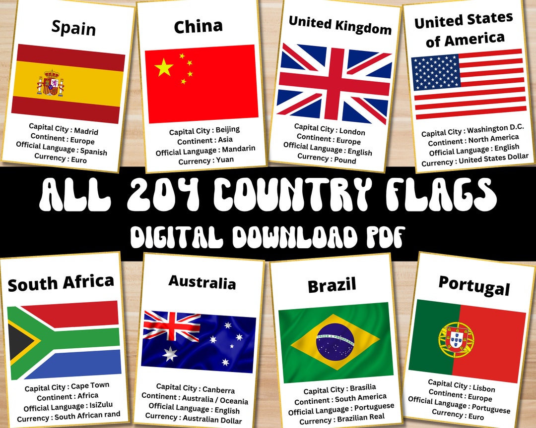 All 204 Country Flags Flash Cards | Instant Download | World Flags ...