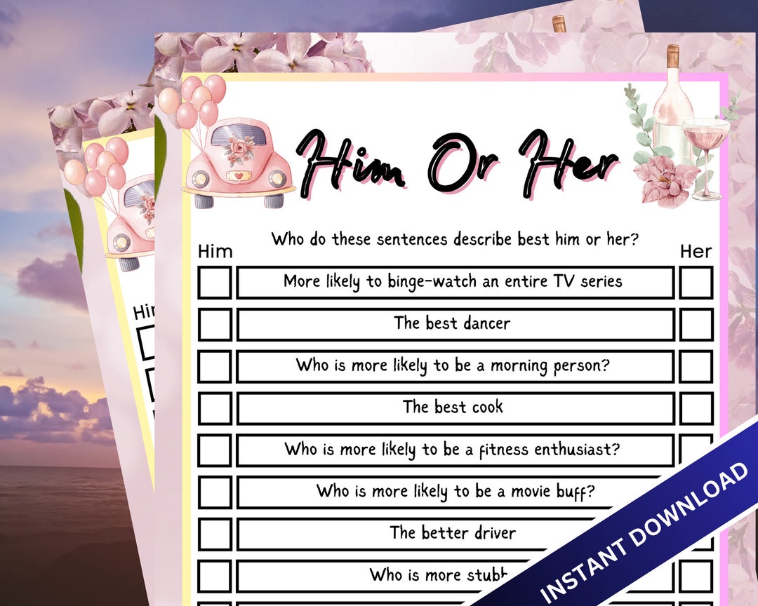 Hen Party Game Him or Her | Bridal Shower Games | Funny Hen Night Game ...