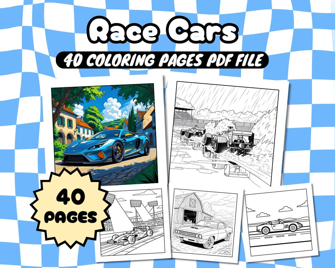 Race Car Coloring Book: 40 Digital Pages PDF | Fun Printable Activity ...