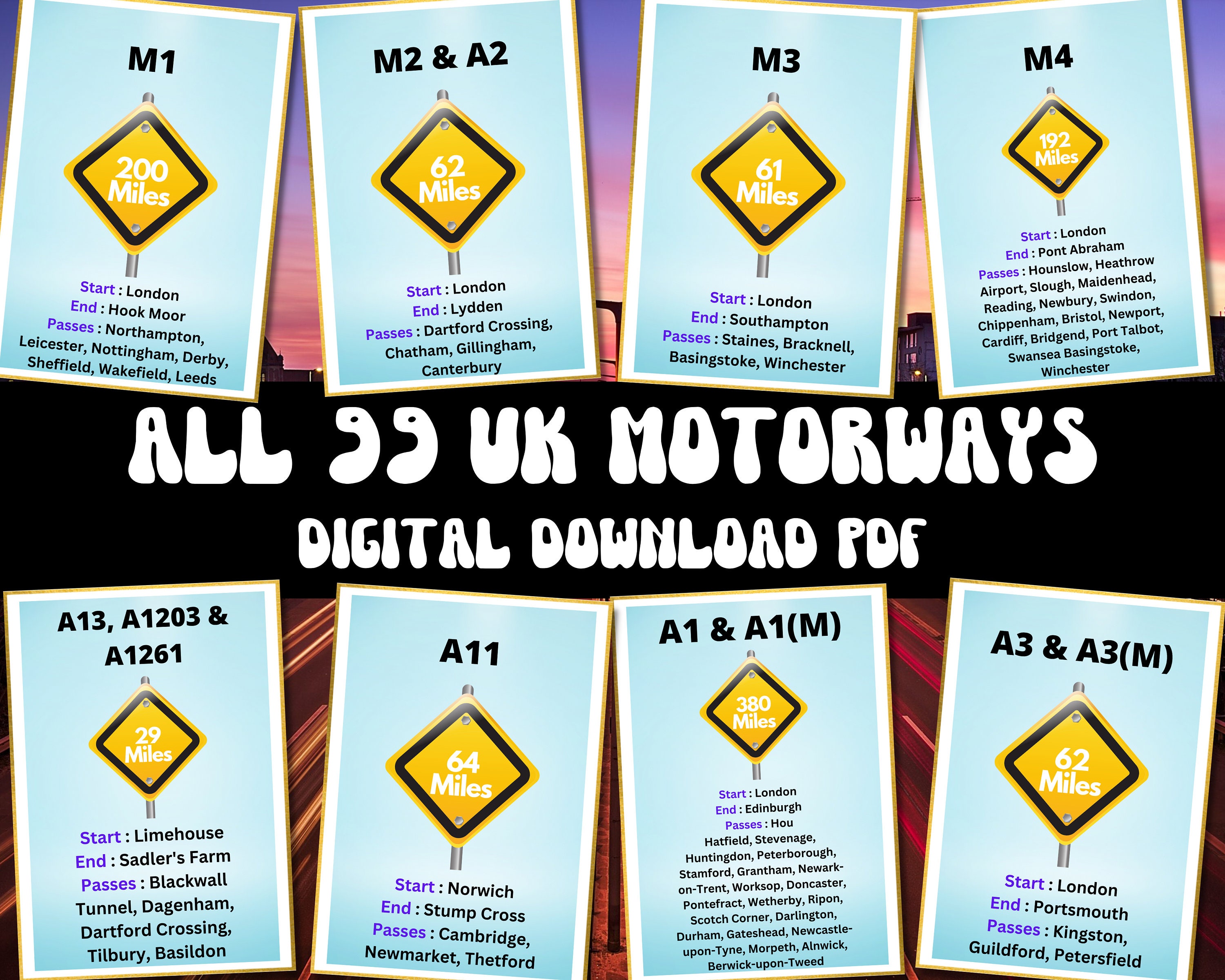 All 99 UK Motorways Flash Cards | Instant Download | Motorway Printable | Roads | Geography ...