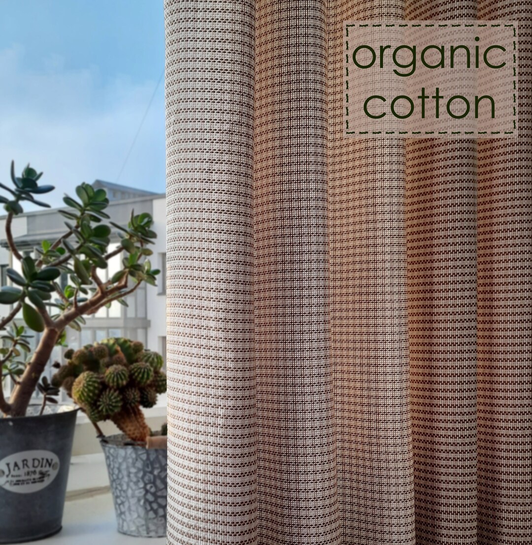 Organic Cotton Checkered Curtains: Beige Blackout Drapery, Custom Size ...