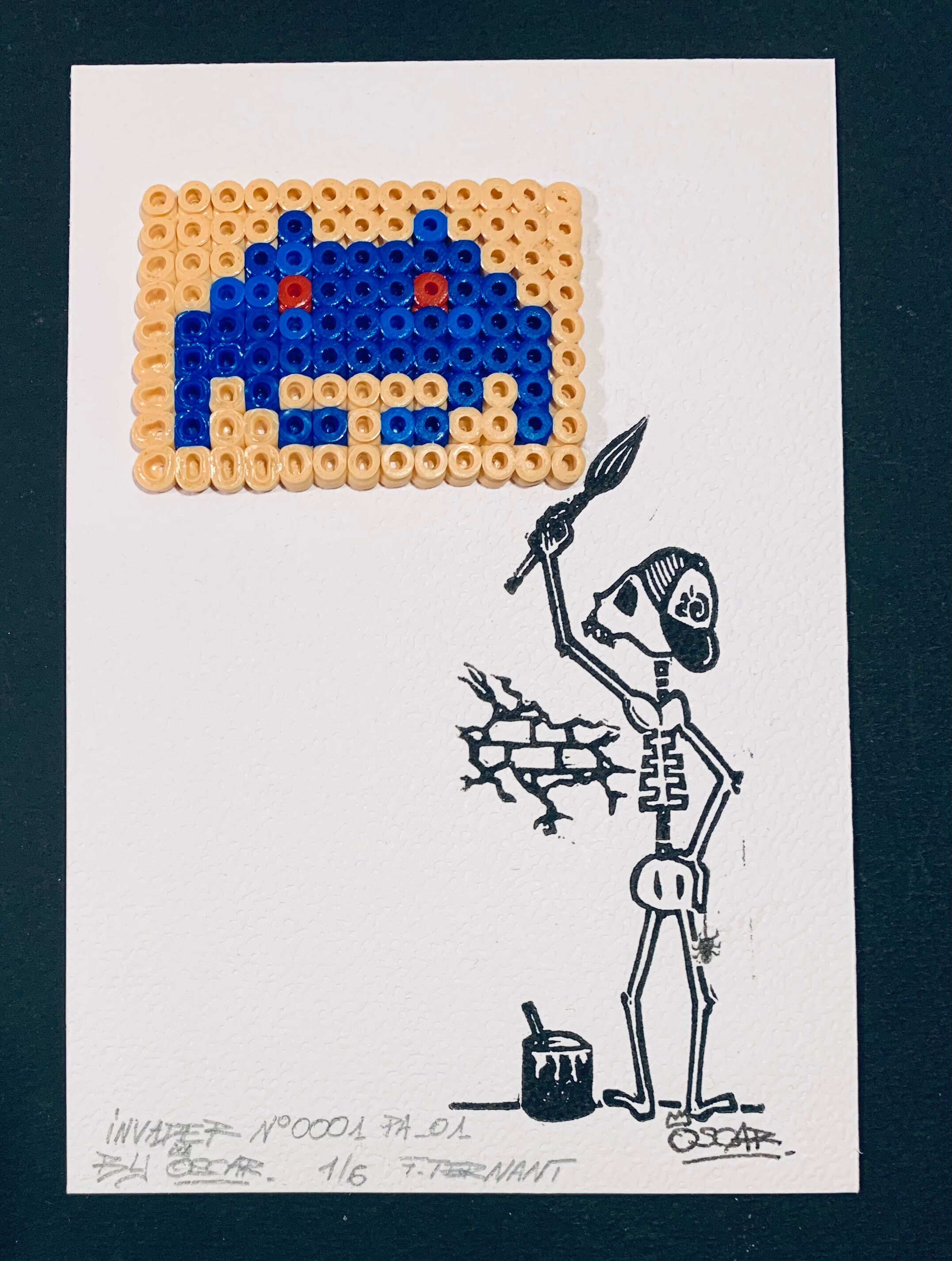 Linocut, Engraving and Mixed Media Pixel Art space Invader / Hand ...