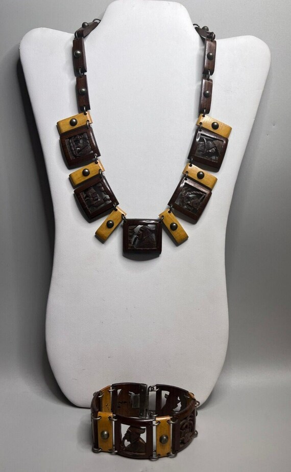 Vintage Peruvian Carved Wood Scenes Wide Panels Brace… - Gem