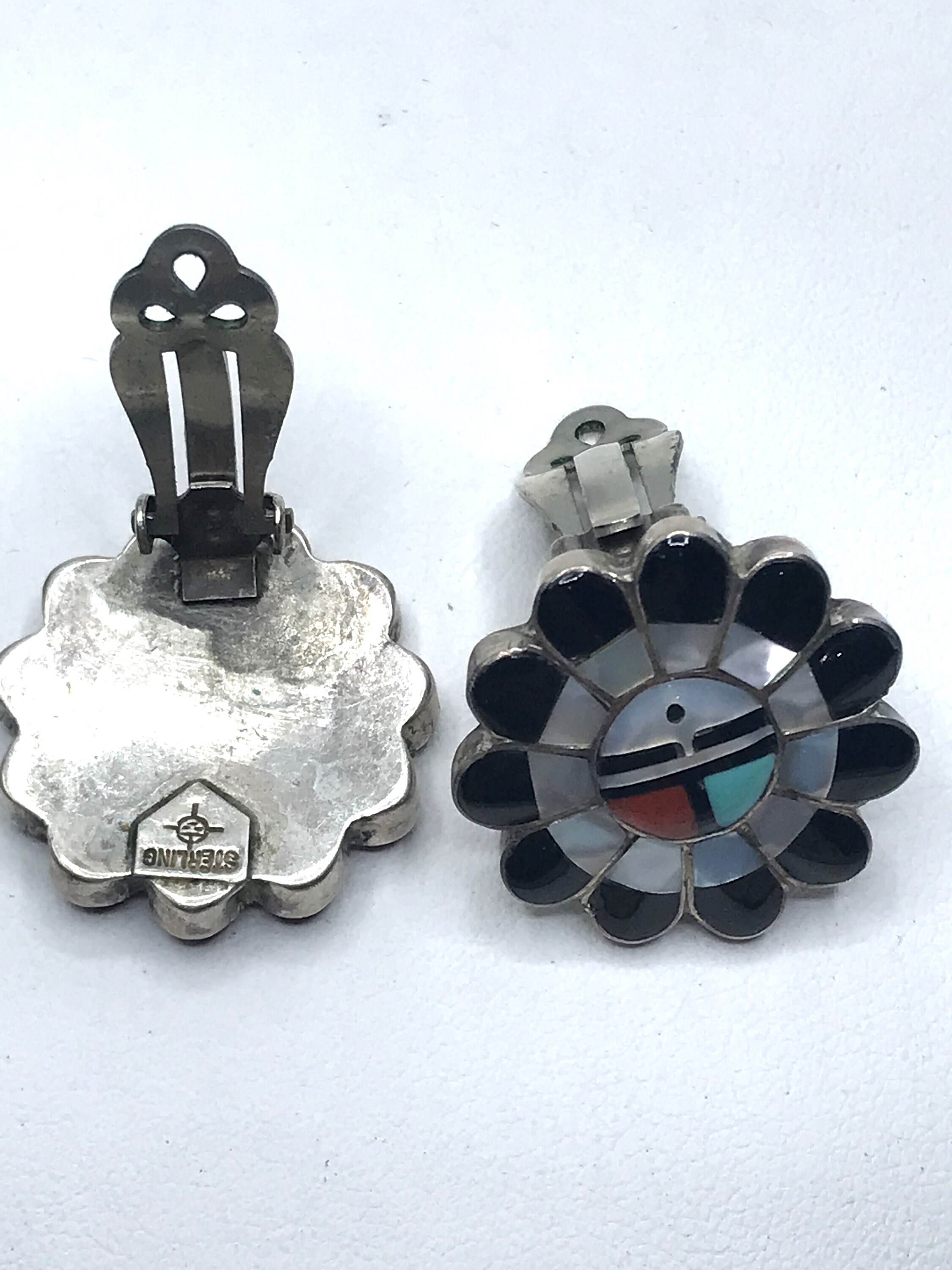 Vintage Sadie and Morris Laahte Sterling Silver Inlay Sun Face Clip-on ...