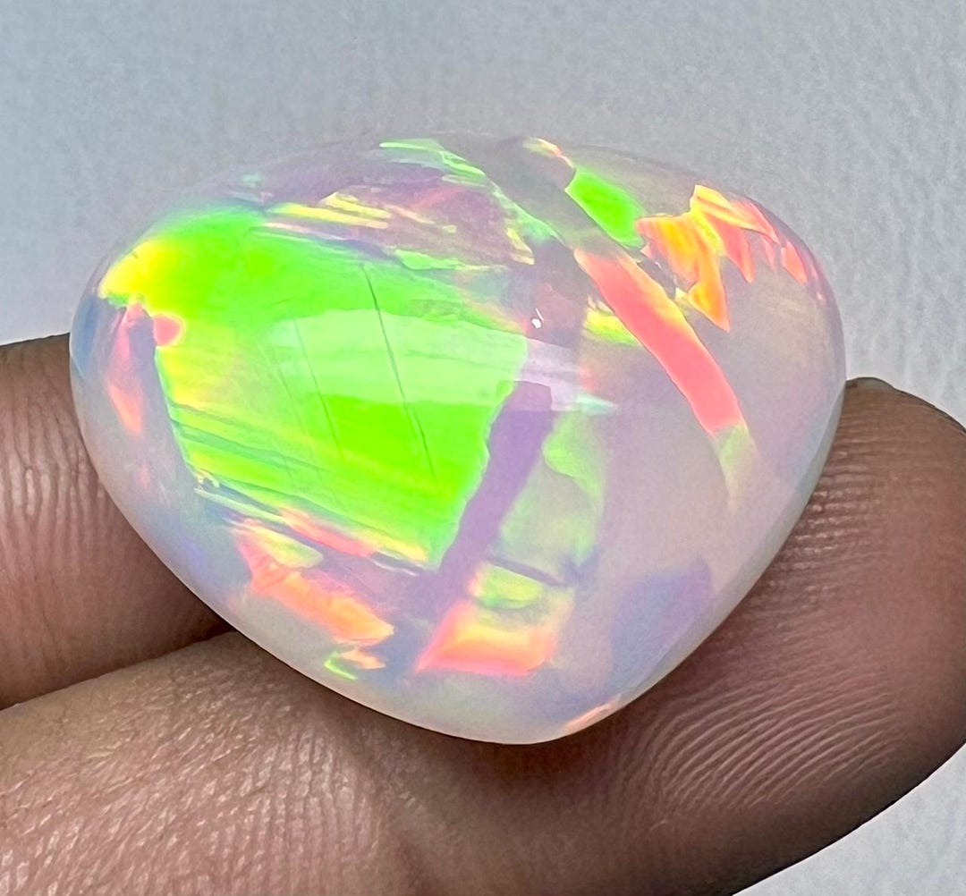 Ethiopian Opal Heart Cabochon, Neon Green Fire Opal Loose Gemstone ...