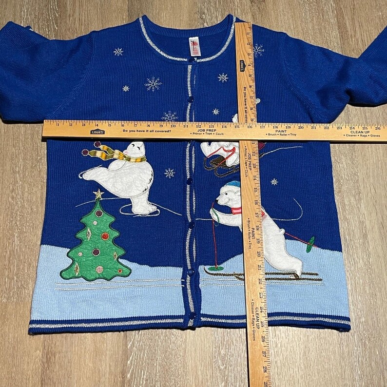 Vintage Winter Scene Polar Bear Ugly Christmas Cardigan Sweater L Large ...