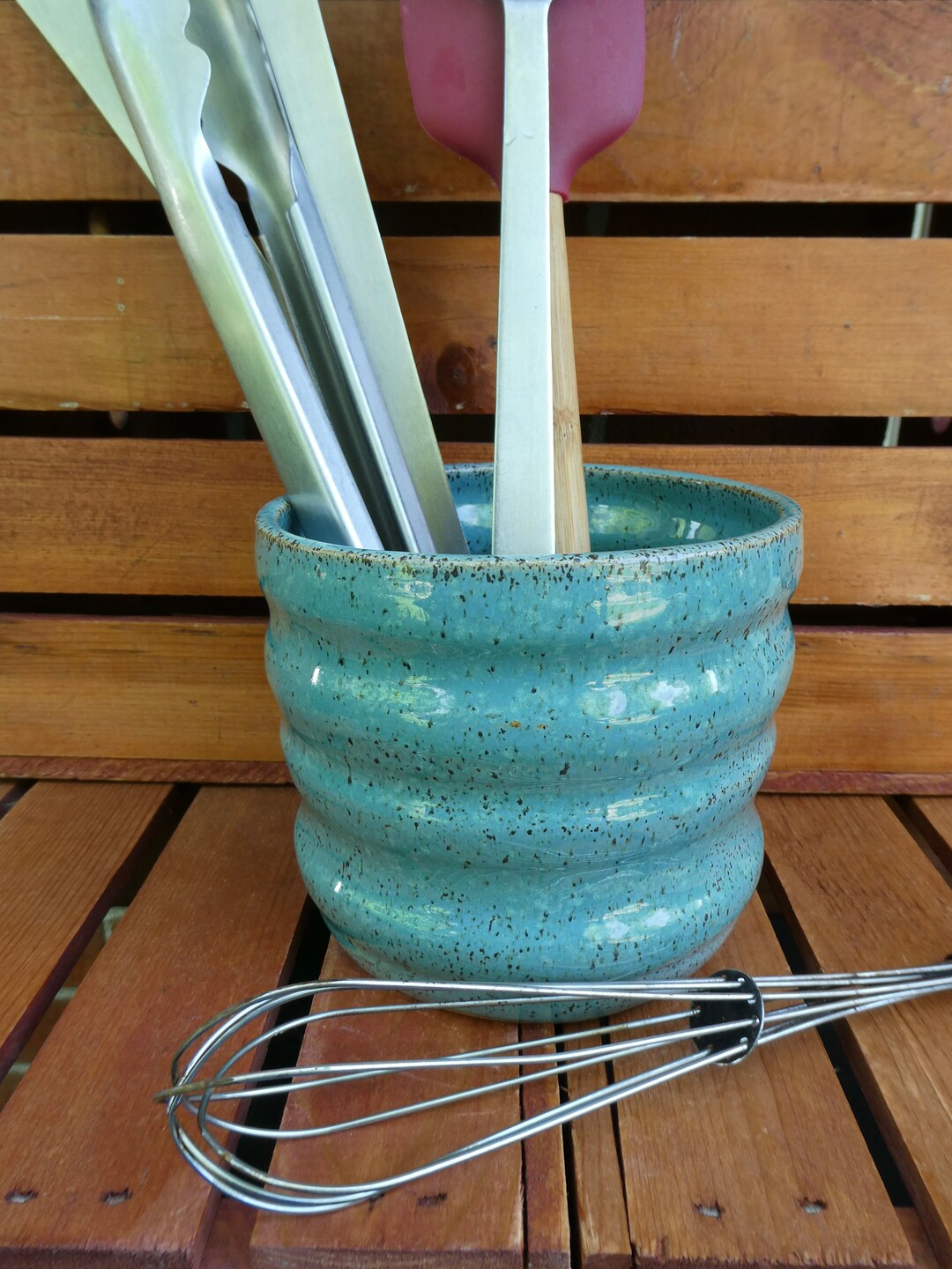 Utensil Holder/teal/utensil Crock/kitchen Storage/yellow Creek Pottery ...
