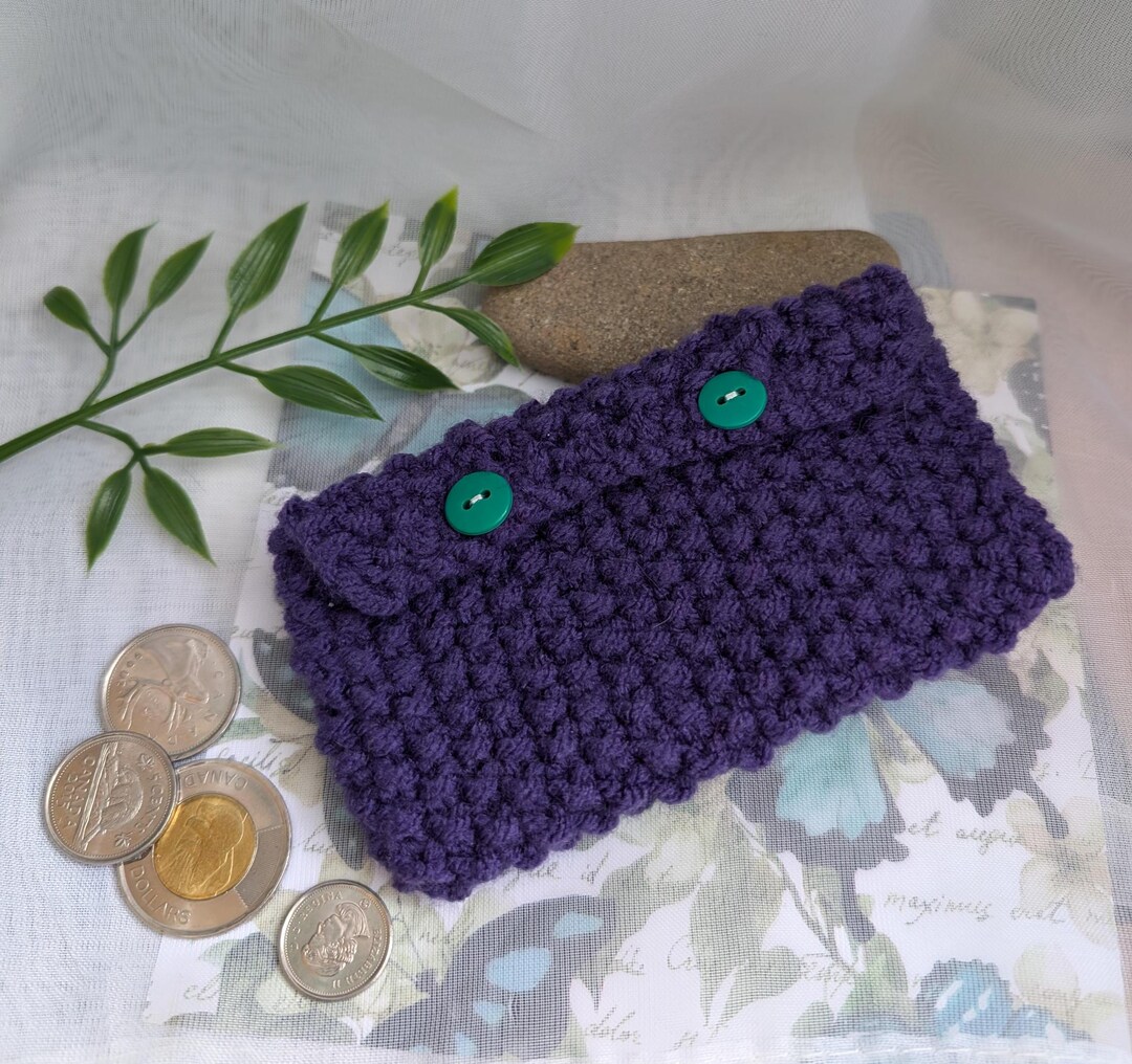 Knit Coin Purse- 2.75"x5" Small Purple Pouch With Green Buttons, Money ...