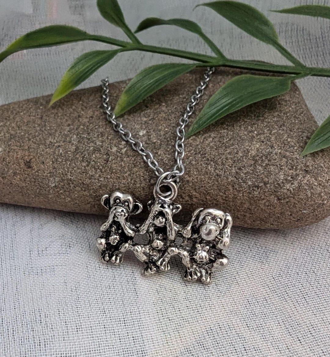 3 Wise Monkeys Necklace-hear No Evil, See No Evil, Speak No Evil 3D Silver Plated Charm on ...