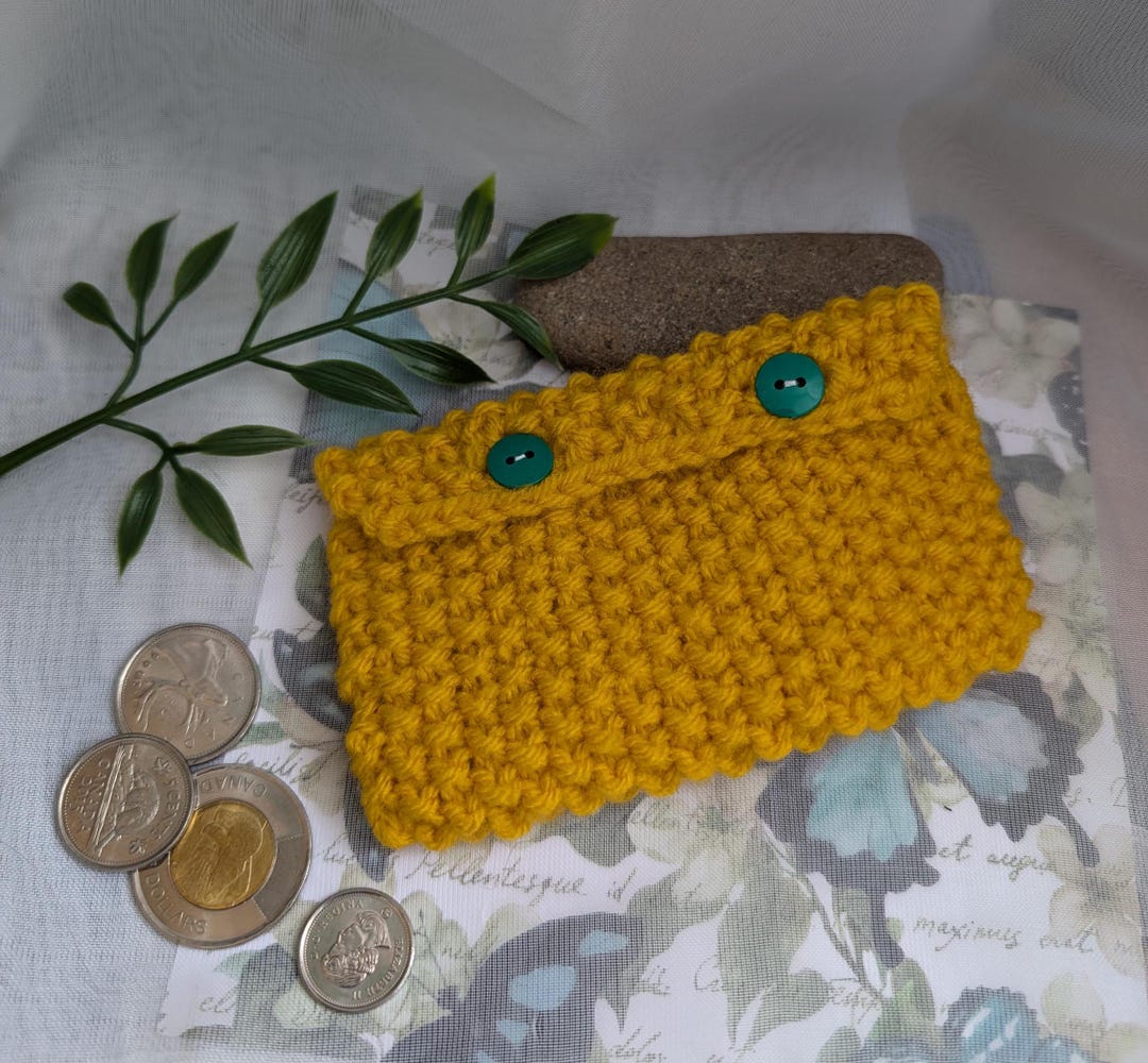 Knit Coin Purse 2.75x5 Small Yellow Pouch With Green Buttons, Money Bag ...