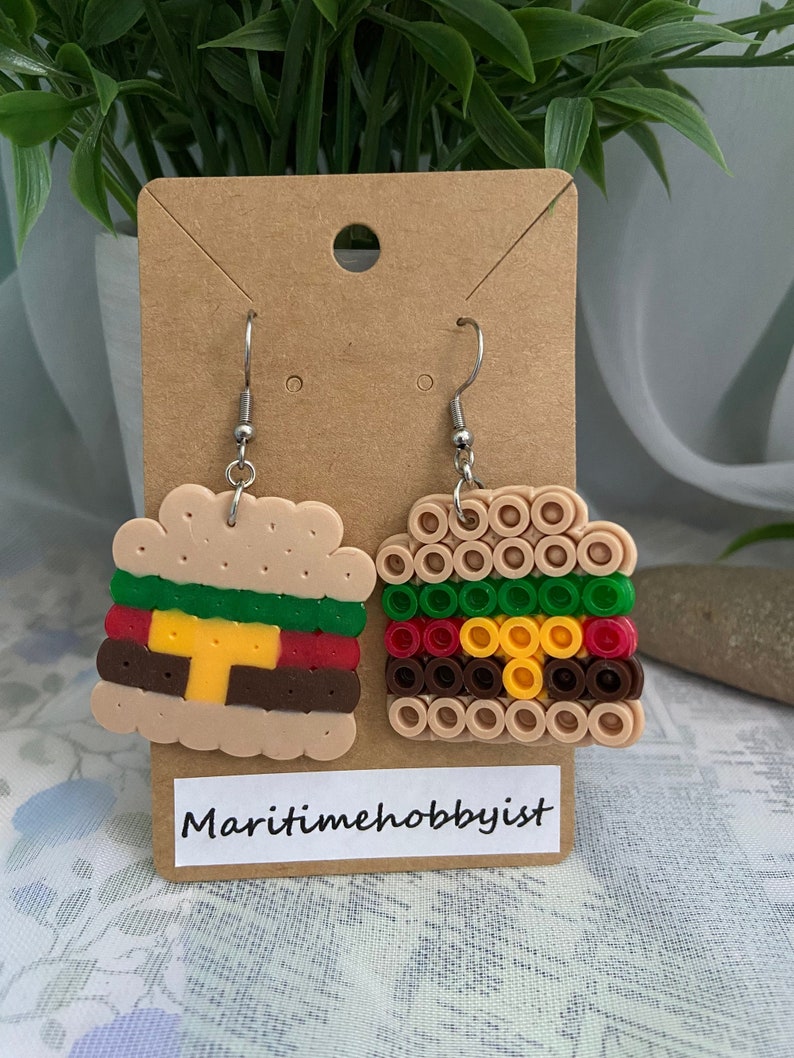 Cheeseburger Earrings- Plastic Perler Bead Earrings on Hypoallergenic ...