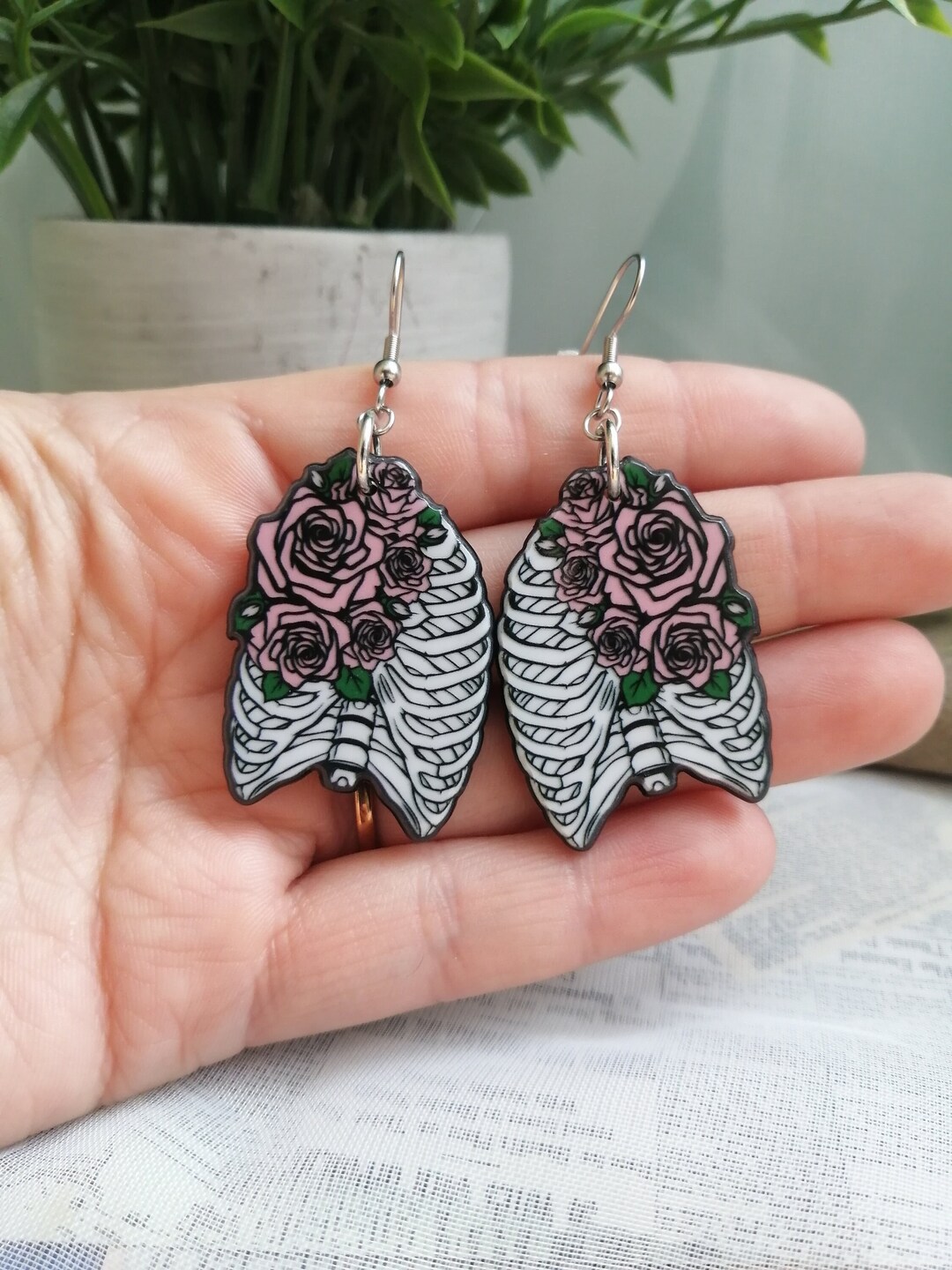 Rib cage and roses earrings Double sided acrylic charms on stainless ...