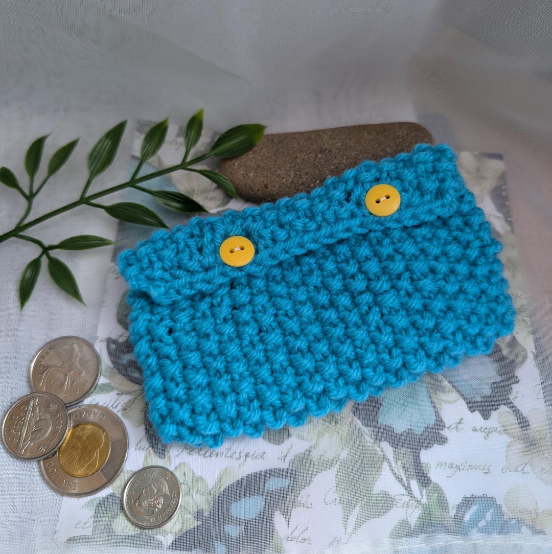 Knit Coin Purse- 2.75"x5" Small Blue Pouch With Yellow Buttons, Money ...
