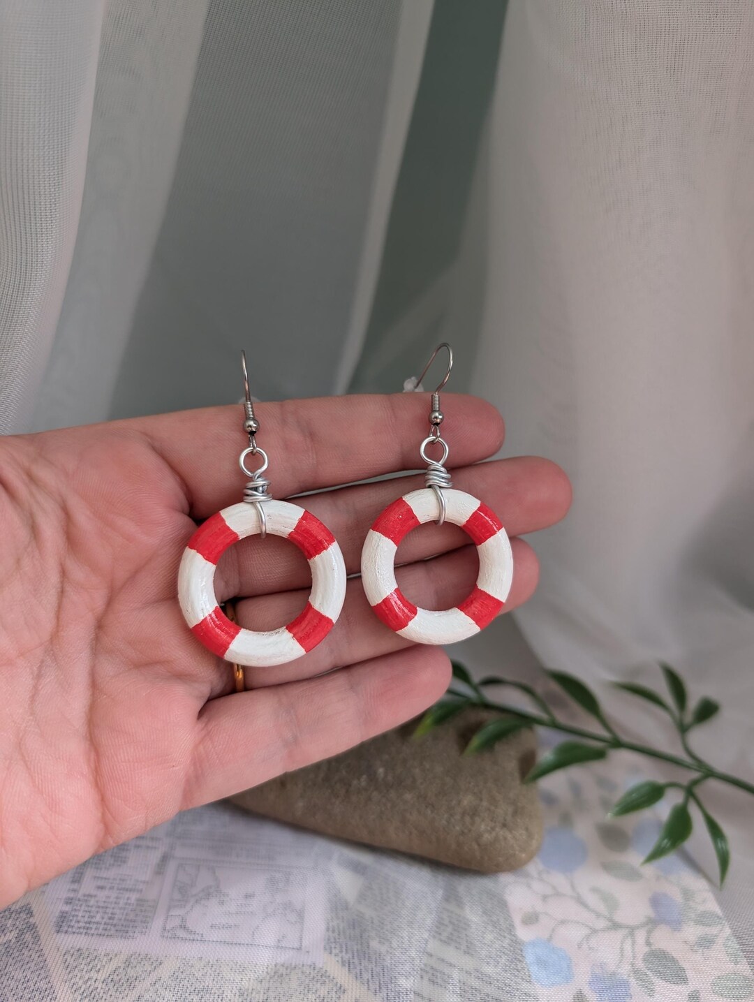 Life Preserver Earrings Hand Painted Floatation Device Wooden Rings ...