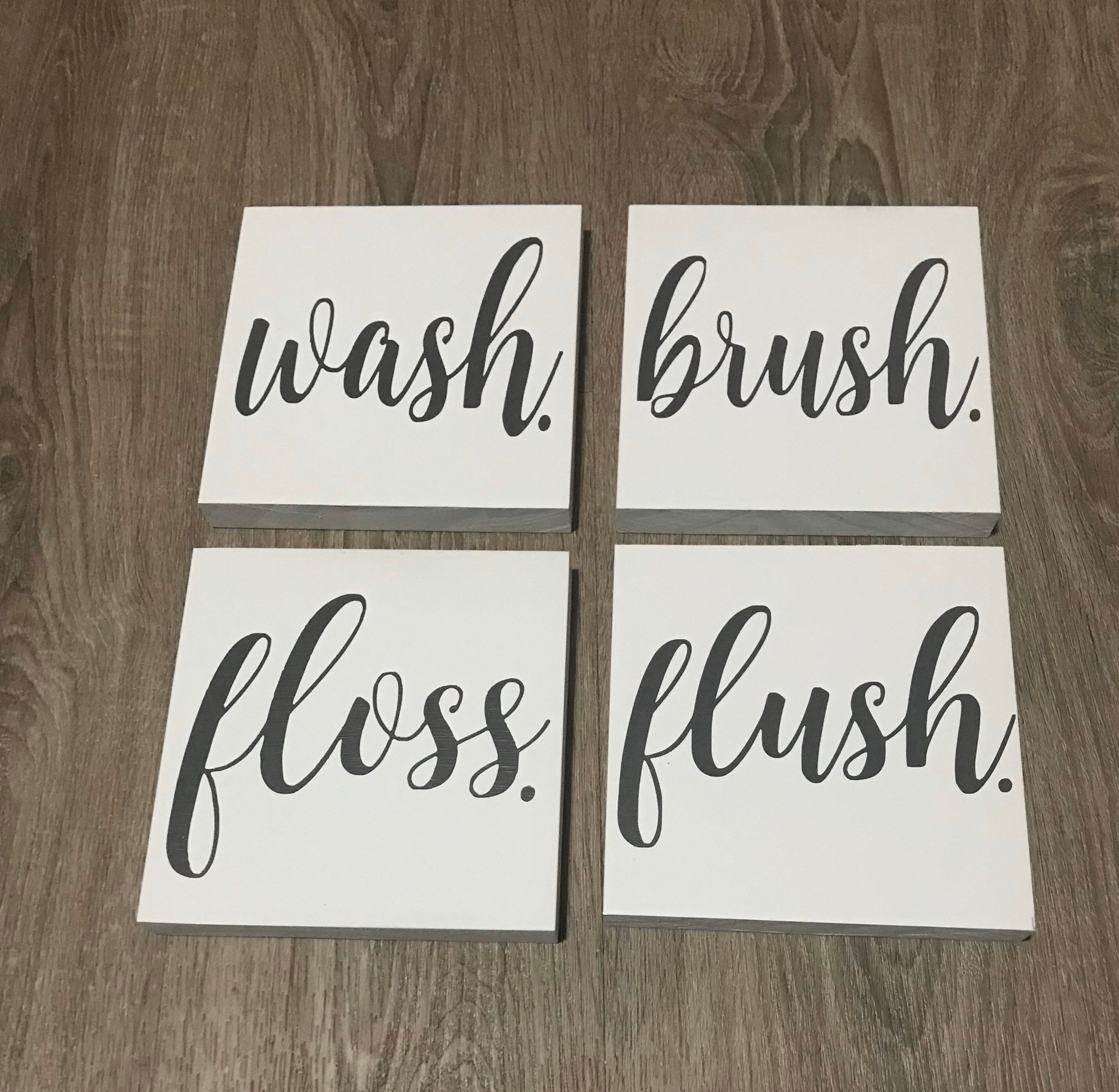 Farmhouse Bathroom Sign Set, Wash Brush Floss Flush, Rustic Wood Decor ...