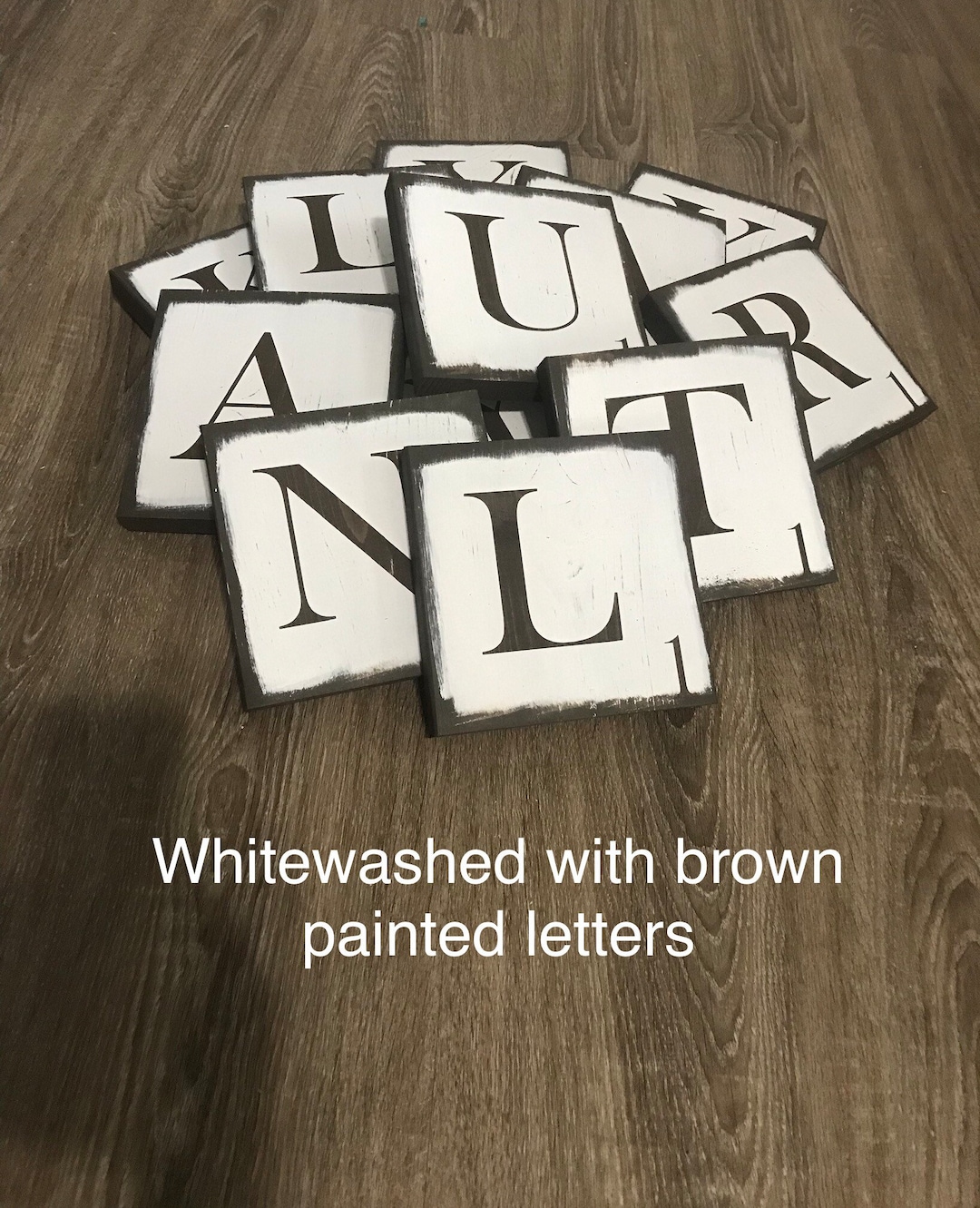 Painted Letters Scrabble Wall, Whitewashed Tiles, Black, Brown, White ...