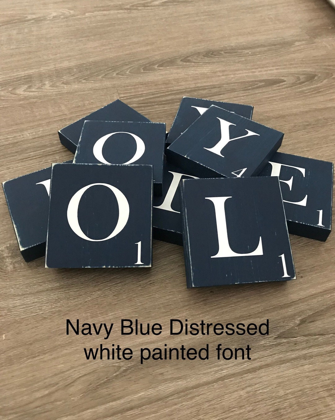 Navy Blue Distressed Scrabble Tiles, Painted Letters, Scrabble Wall ...