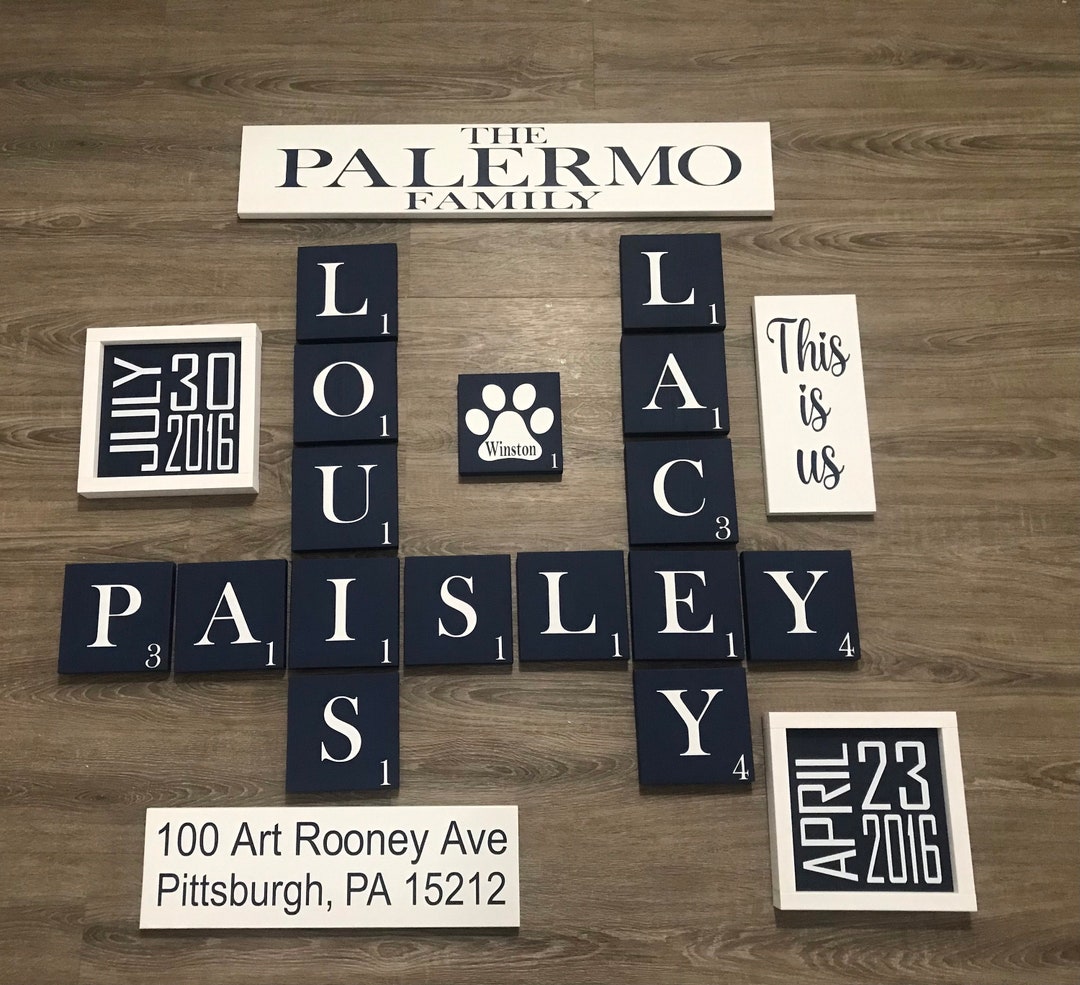 Navy Blue Scrabble Letters, Scrabble Wall Tiles, Wall Art, Rustic ...