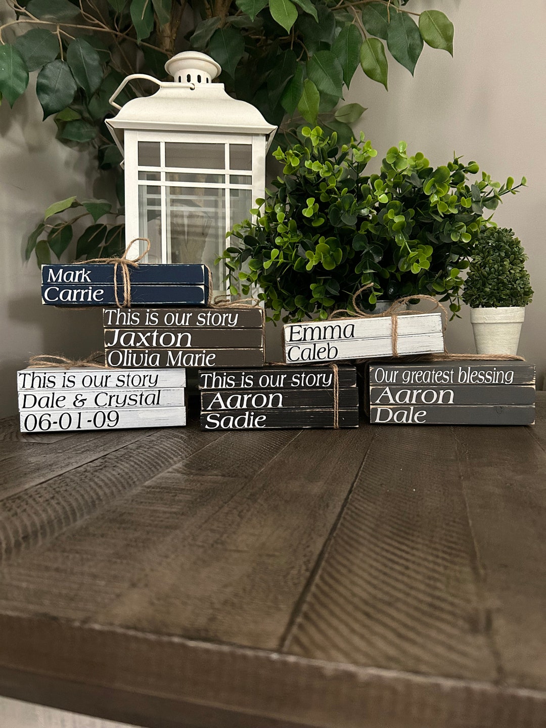 Farmhouse Book Stack With Names, Wooden Bookstacks, Shelf Decor, Family Names, Gray, White ...