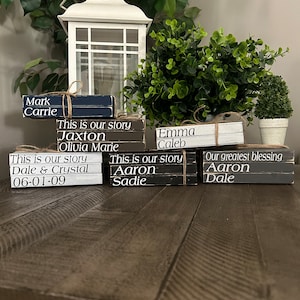 Farmhouse Birth Announcement Stacked Wood Books, Name, Birthdate ...