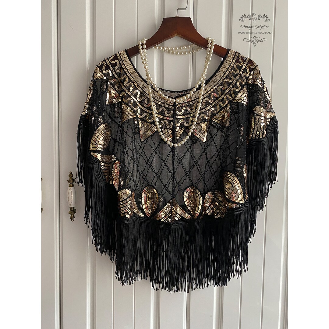 Roaing 20s Gatsby Flapper Art Deco Shawl Sequin Long Fringe Halloween ...