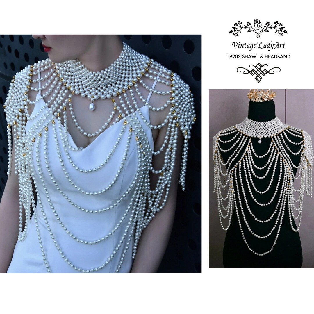 20s Gatsby Retro Pearl Shawl Top Body Chain Wedding Dress Jewelry ...