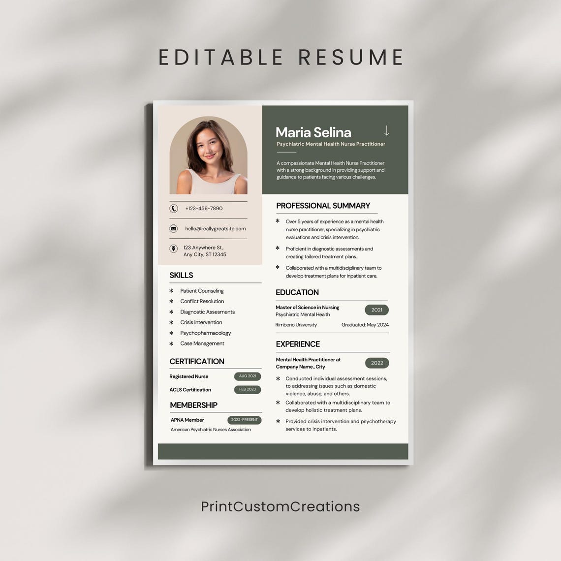 PMHNP Resume Template Psychiatric Nurse Practitioner CV Editable ...