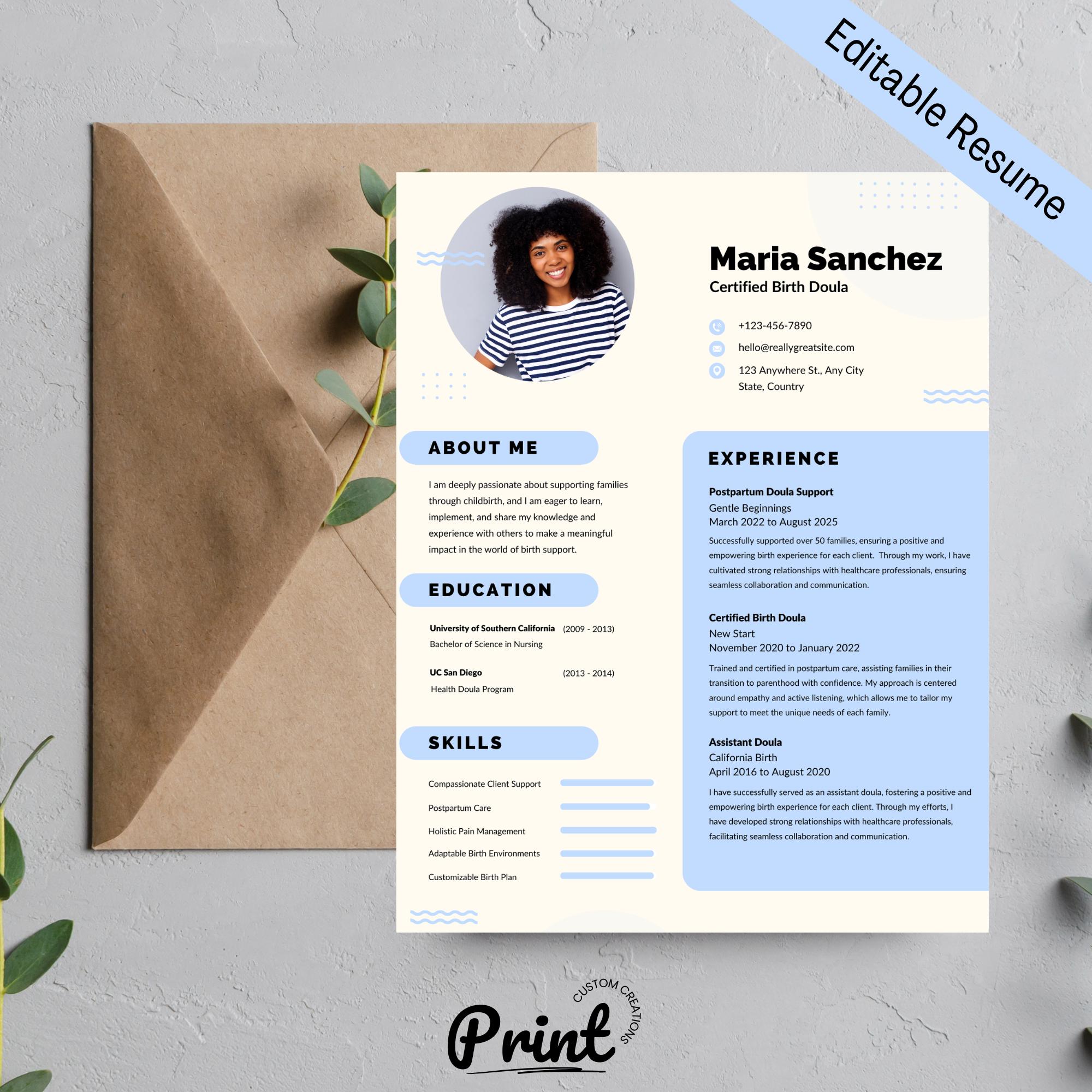 Doula Resume Template: Customizable for Birth & Postpartum Doula ...