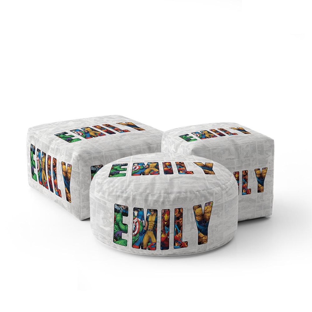 Personalised Superhero Name Kids Novelty Ottoman Filled Pouffe Footrest ...