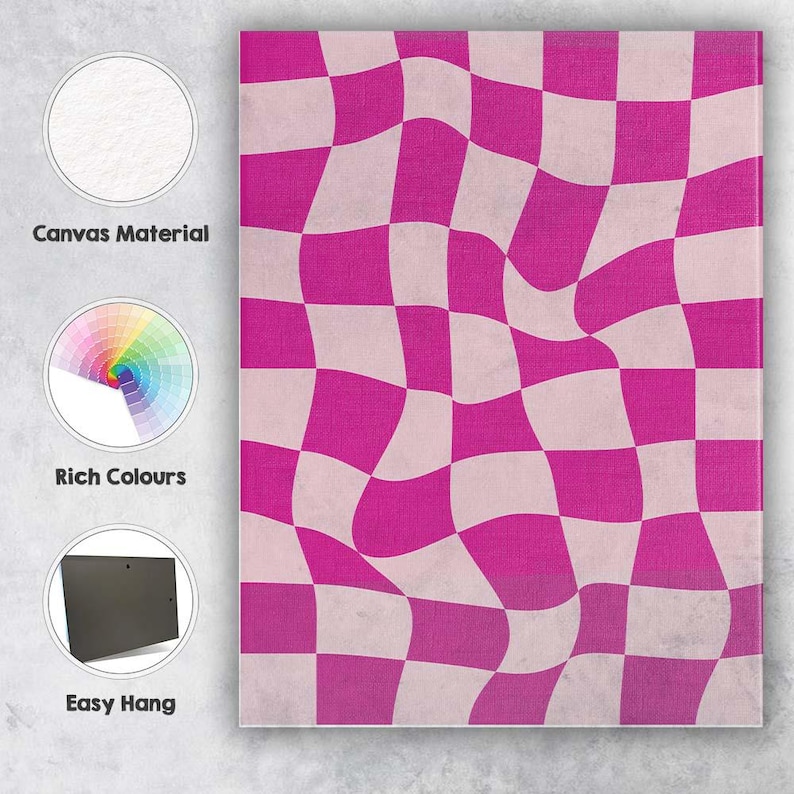 Pink Wavy Checkerboard Abstract Geometric Pattern Canvas Wall Art Print ...