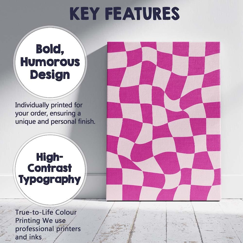 Pink Wavy Checkerboard Abstract Geometric Pattern Canvas Wall Art Print ...