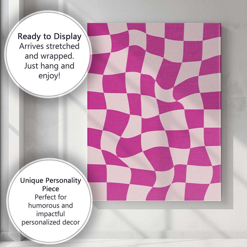 Pink Wavy Checkerboard Abstract Geometric Pattern Canvas Wall Art Print ...