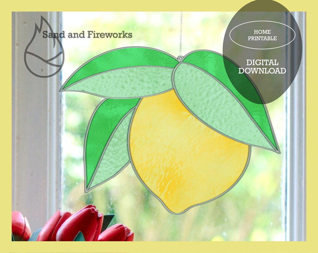 Stained Glass Pattern, Leafy Lemon Design, Tropical Fruit Glass Pattern ...