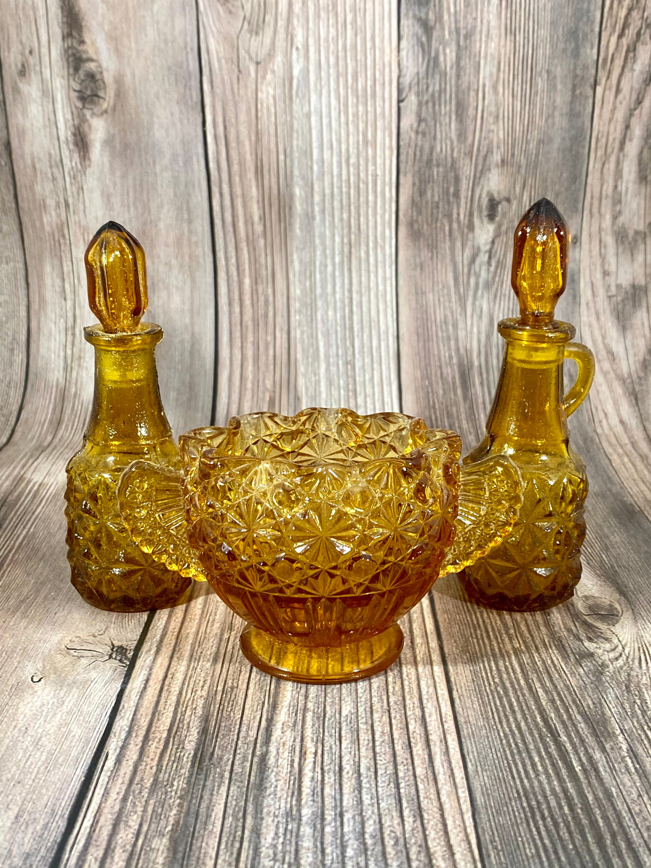 Vintage Amber Cut Glass Small Bowl and Oil and Vinegar Cruets - Etsy