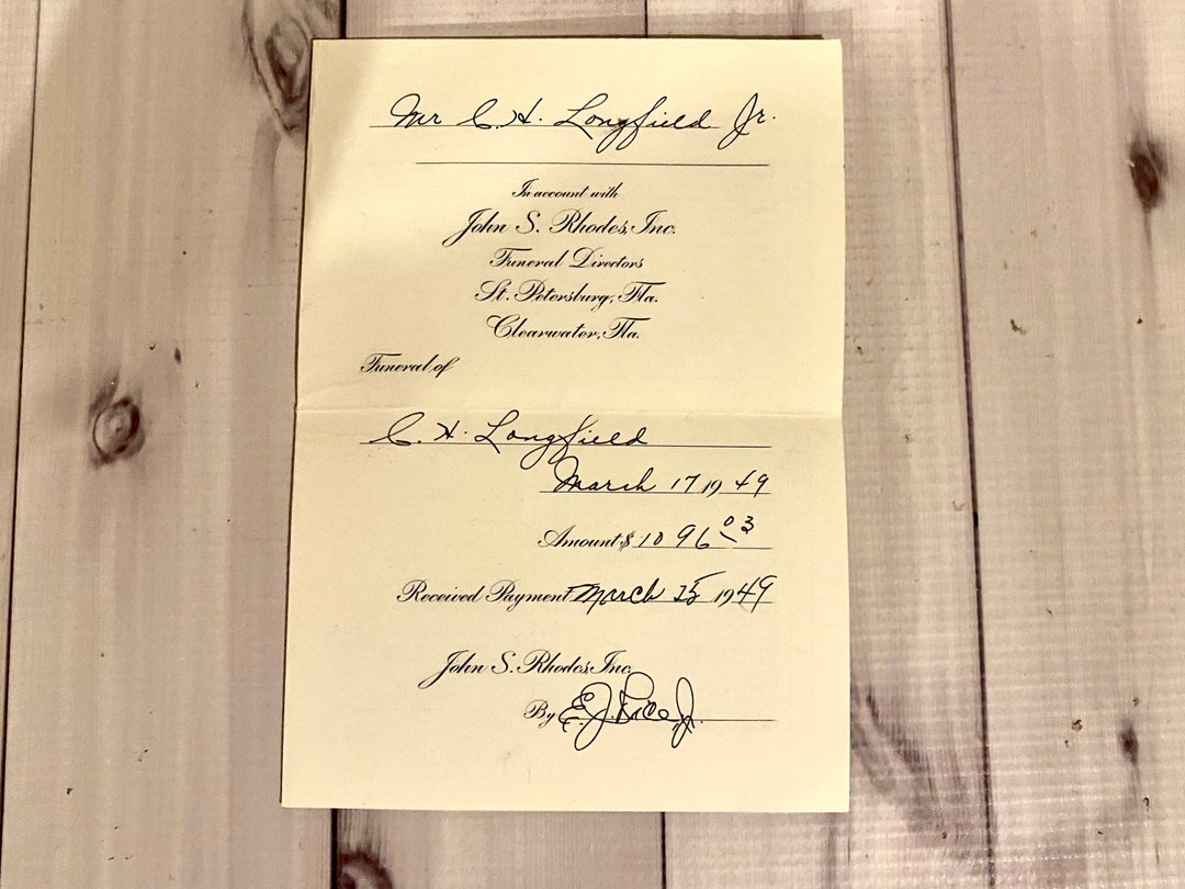 Vintage Funeral Services Receipt March 1949 Florida Junk Journal ...