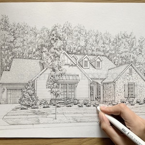Custom House Sketch Hand Drawn Home Portrait Ink Commissioned House ...