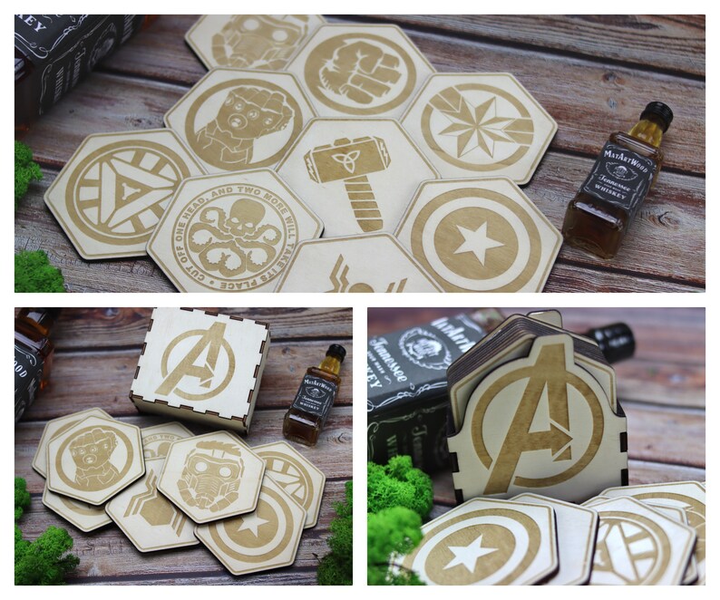 Avengers Marvel Wooden Coasters Hexagonal Set Fathers Day - Etsy