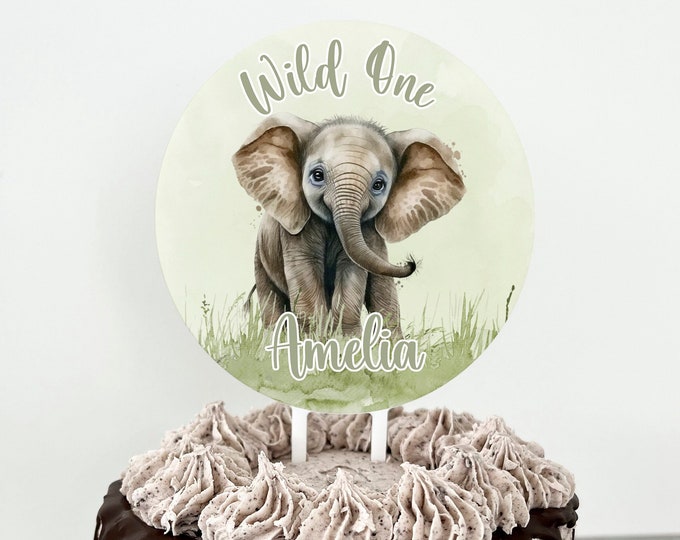 Jungle Safari Animal Themed Cake Topper, Personalised Elephant Birthday ...