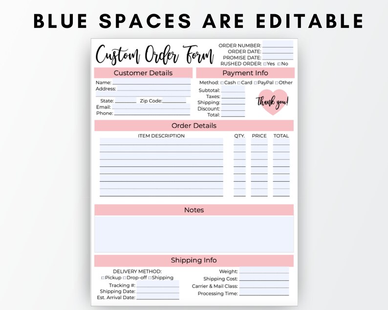 FILLABLE Custom Order Form, Business Invoice Form Template, Printable ...