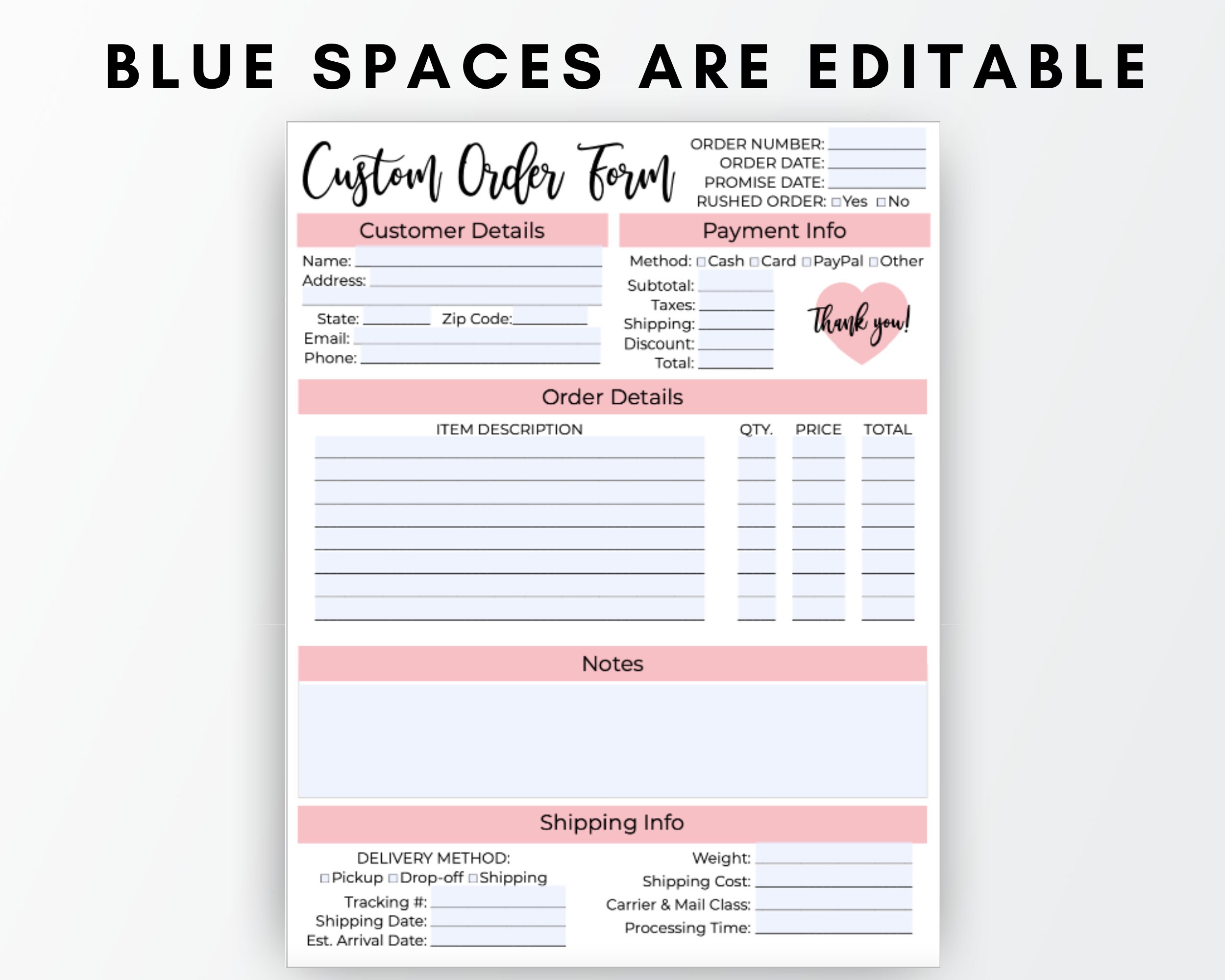 FILLABLE Custom Order Form, Business Invoice Form Template, Printable ...