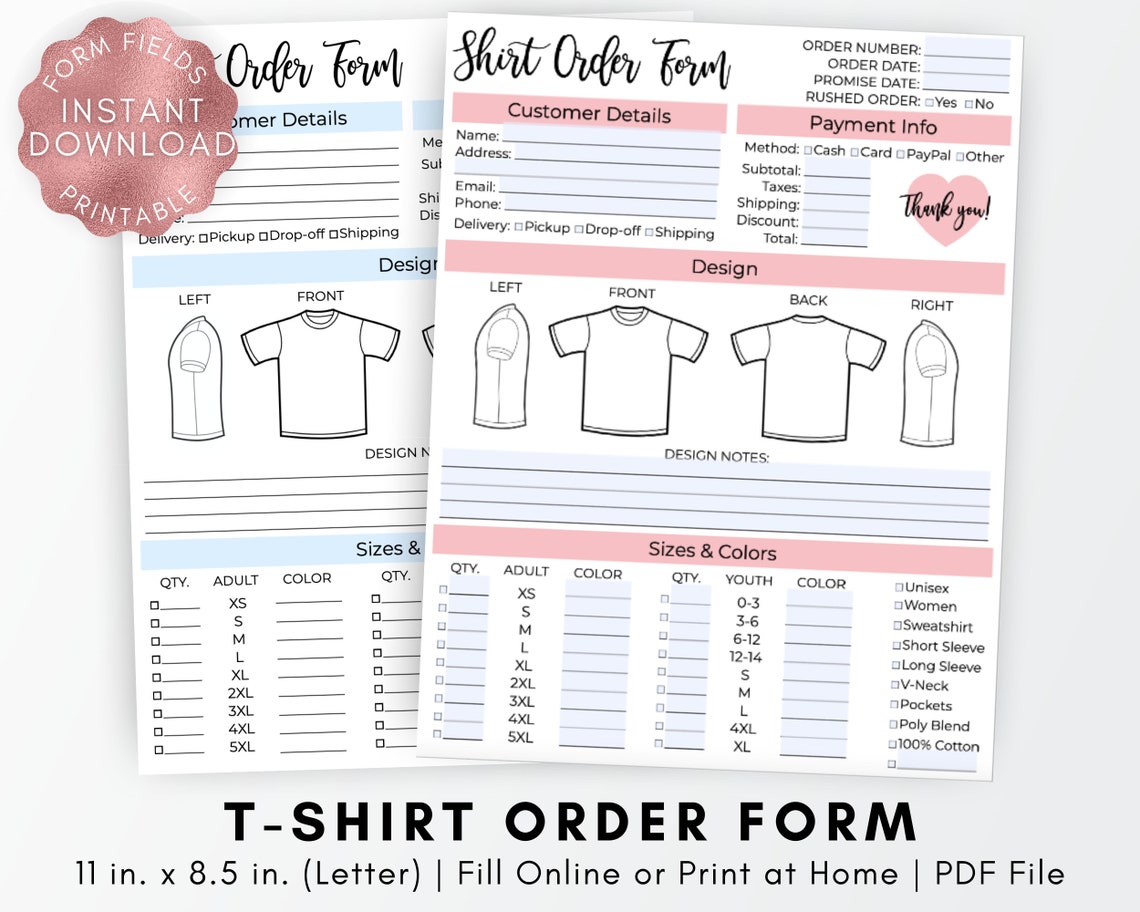FILLABLE Custom T-shirt Order Form Shirt Form Template - Etsy