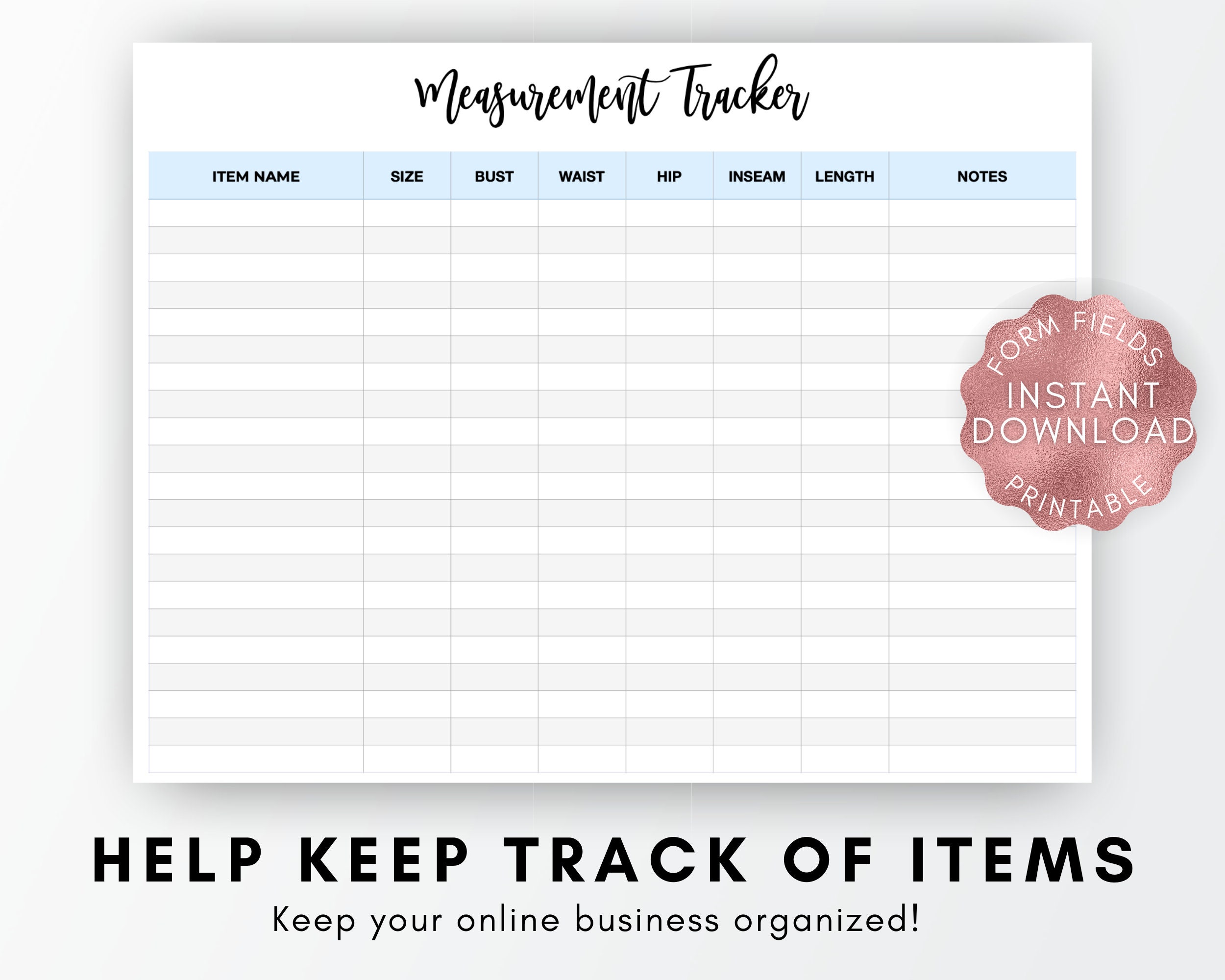 FILLABLE Reseller Measurement Sheets Printable Online - Etsy
