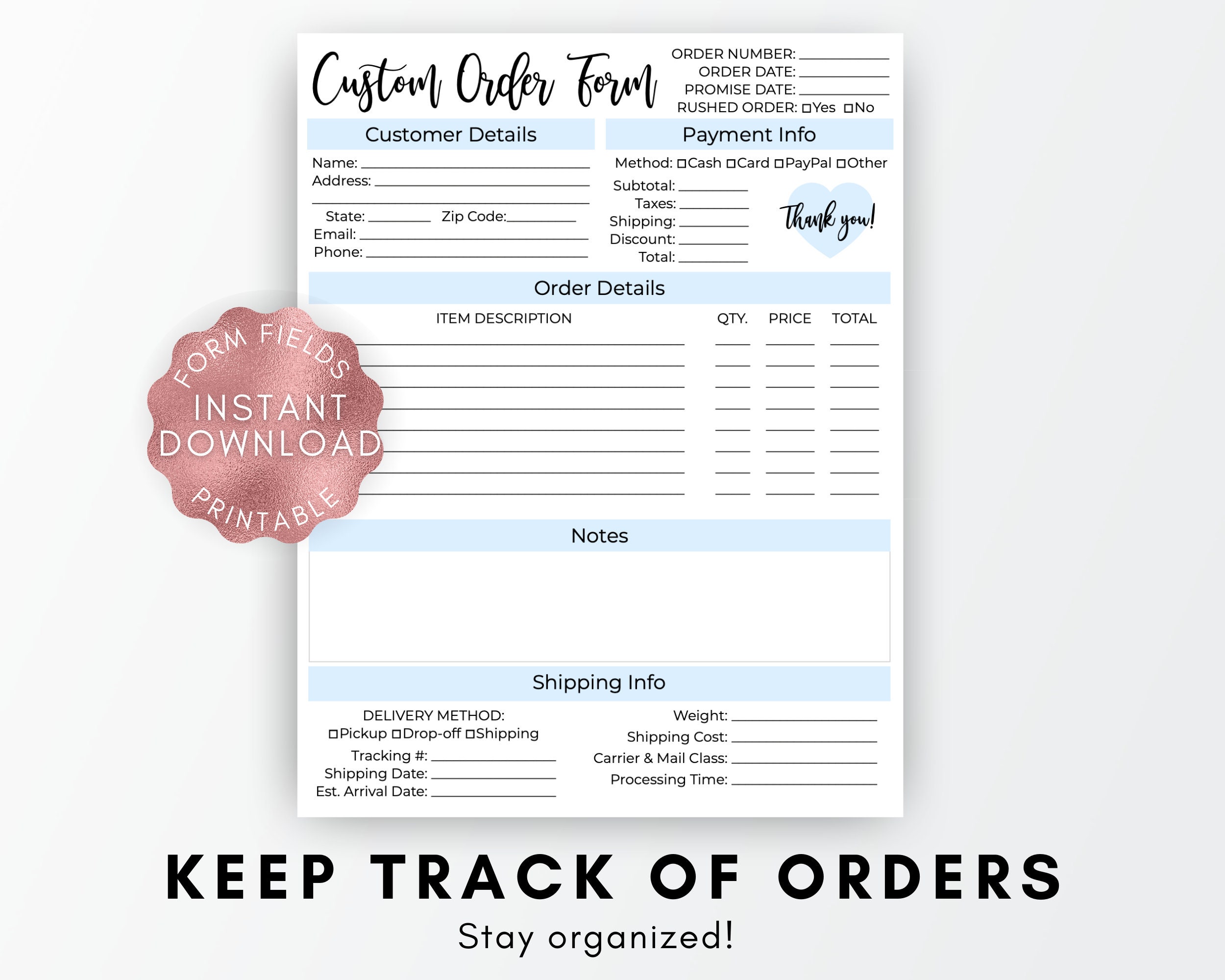 FILLABLE Custom Order Form, Business Invoice Form Template, Printable ...