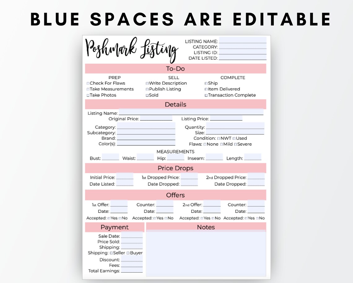 FILLABLE Poshmark Listing Tracker Printable Online Inventory Etsy Canada