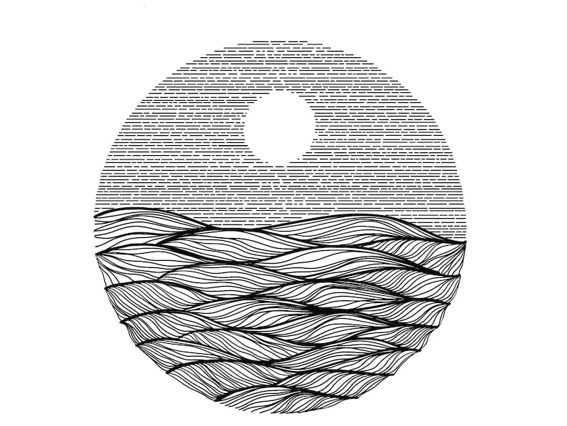 Moon, Sky, Waves (B&W Line Art) - Etsy