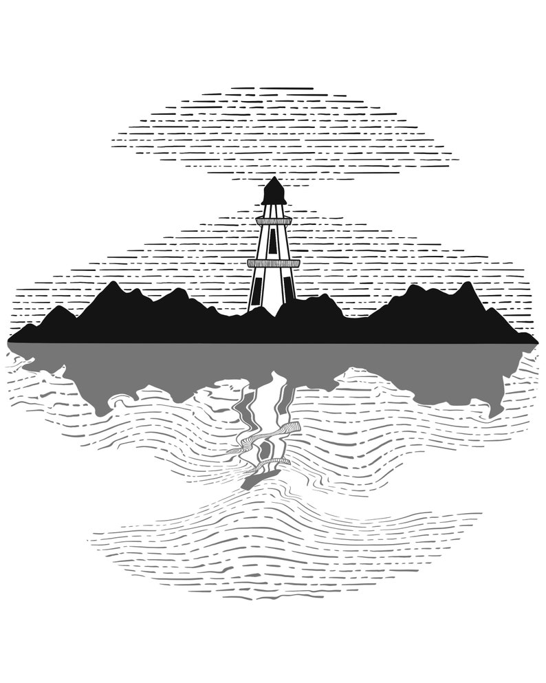 Lighthouse Reflection (B&W Line Art) - Etsy